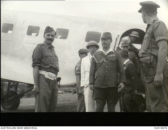 Rangoon, Burma. C. 1945-08. The Japanese surrender envoys leaving their ...