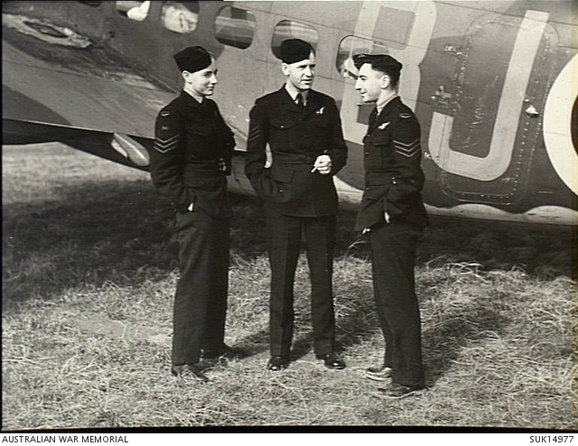 England. C. 1942-04. Three RAAF wireless operator/air gunners who had ...