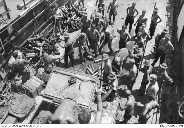 Vietnam. 1967-10. Troops in the landing ship Vernon Sturdee mill around ...