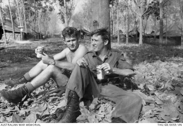 Nui Dat, South Vietnam. 1968-01. Enjoying a can of Dixi Cola while ...