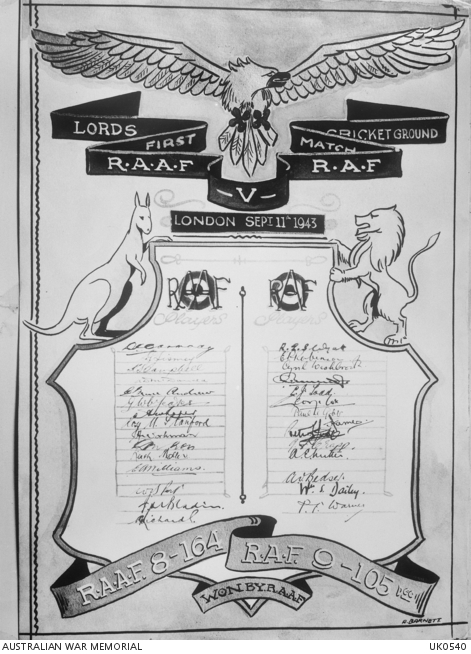 LONDON, ENGLAND. 1943-09-11. A SIGNED MEMENTO OF THE FIRST CRICKET ...