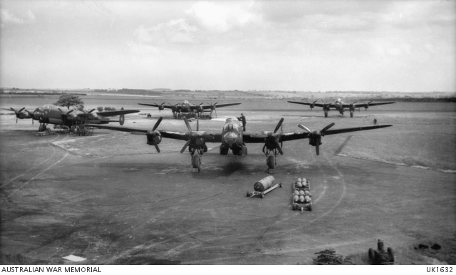 LINCOLNSHIRE, ENGLAND. C. 1944-07. AVRO LANCASTER HEAVY BOMBER AIRCRAFT ...