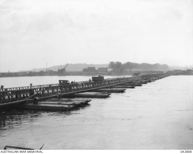 Xanten, Germany. 1945-04-12. A new pontoon bridge over the Rhine means ...