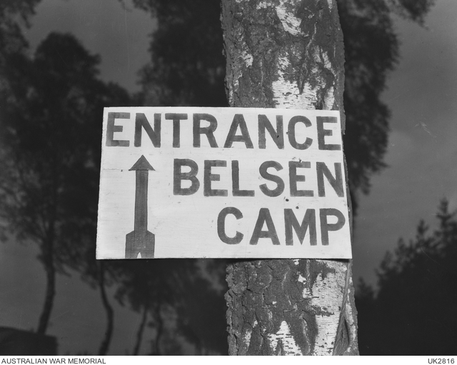 Near Hanover, Germany. 1945-04-23. Sign at the entrance of Belsen ...
