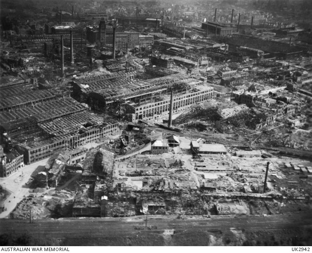 Germany. C. 1945-05. Aerial view of burnt out and wrecked factory ...