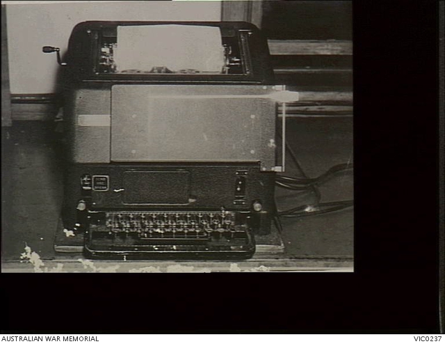 Melbourne, Vic. C. 1944-12. A teletype machine used by members of the Volunteer Air Observers ...
