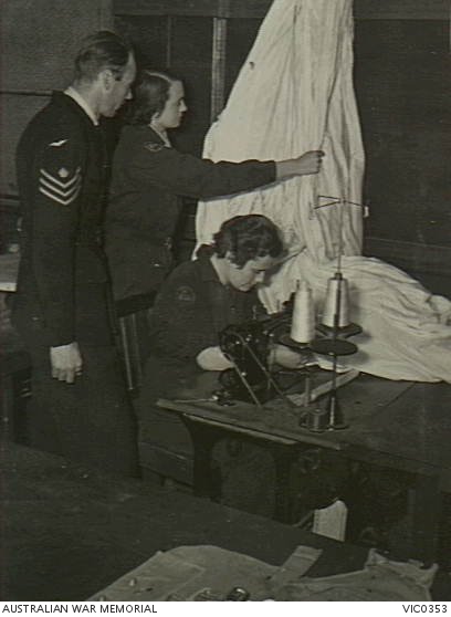 Point Cook, Vic. 1944-04-01. Two WAAAF fabric workers repairing a ...