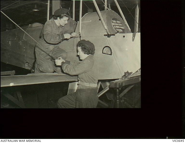 Melbourne, Vic. C. 1942. Two WAAAF trainee flight riggers at work on a ...