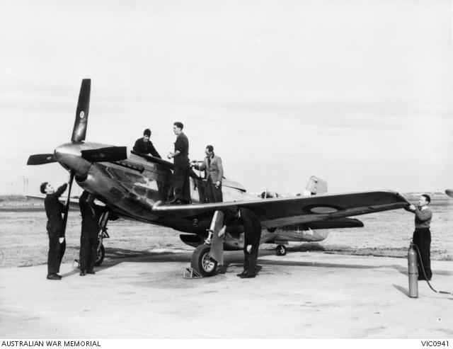 Melbourne, Vic. 1945-04-29. CAC Mustang aircraft A68-1 being prepared ...