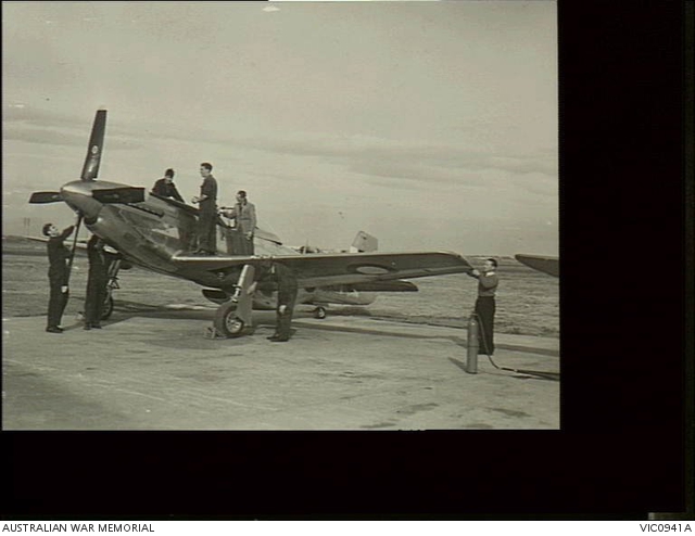 Melbourne, Vic. 1945-04-29. CAC Mustang aircraft A68-1 being prepared ...