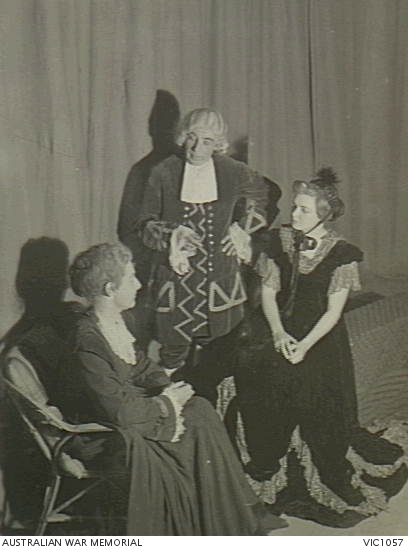 Melbourne, Vic. 1944-11-10. Three actors on stage in a play performed ...