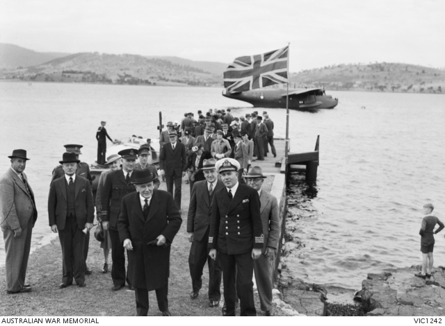 Hobart, Tas. 1945-04-04. On a wharf on the Derwent River, the Governor ...