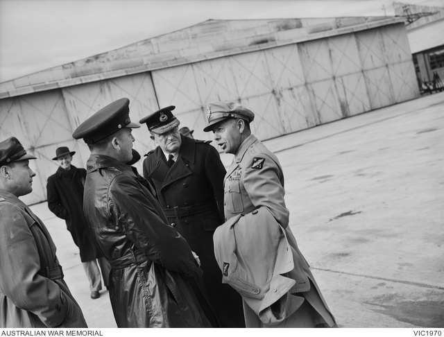 Laverton, Vic. 1946-07-09. On the arrival of General George C. Kenney ...