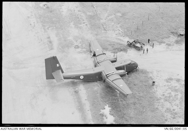 A closer aerial view of the No 35 Squadron, RAAF, Caribou aircraft A4 ...