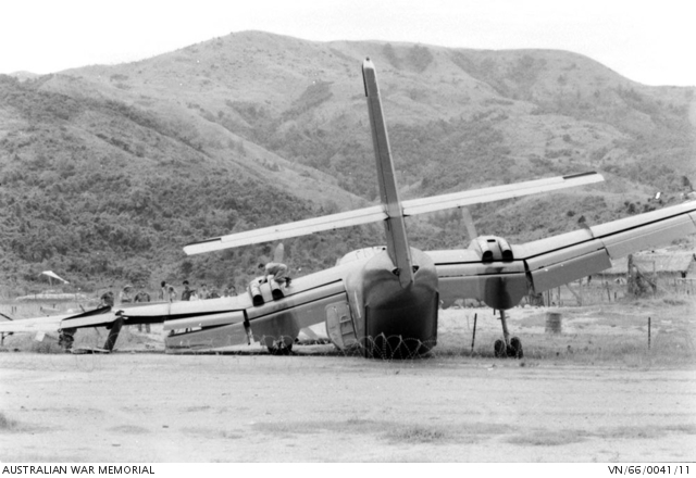 Rear view of the crashed of No 35 Squadron, RAAF, Caribou aircraft A4 ...