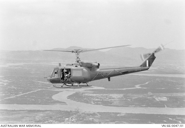 Aerial view of No 9 Squadron, RAAF, Iroquois helicopter flying over the ...