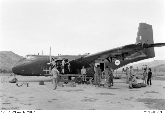 The No 35 Squadron, RAAF, Caribou being repaired in the open on the ...