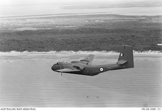 Aerial view of a No 35 Squadron, RAAF, Caribou, flying up and down the ...