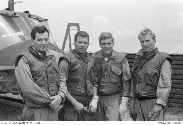 Group portrait of No 9 Squadron, RAAF, Iroquois helicopter crew who ...