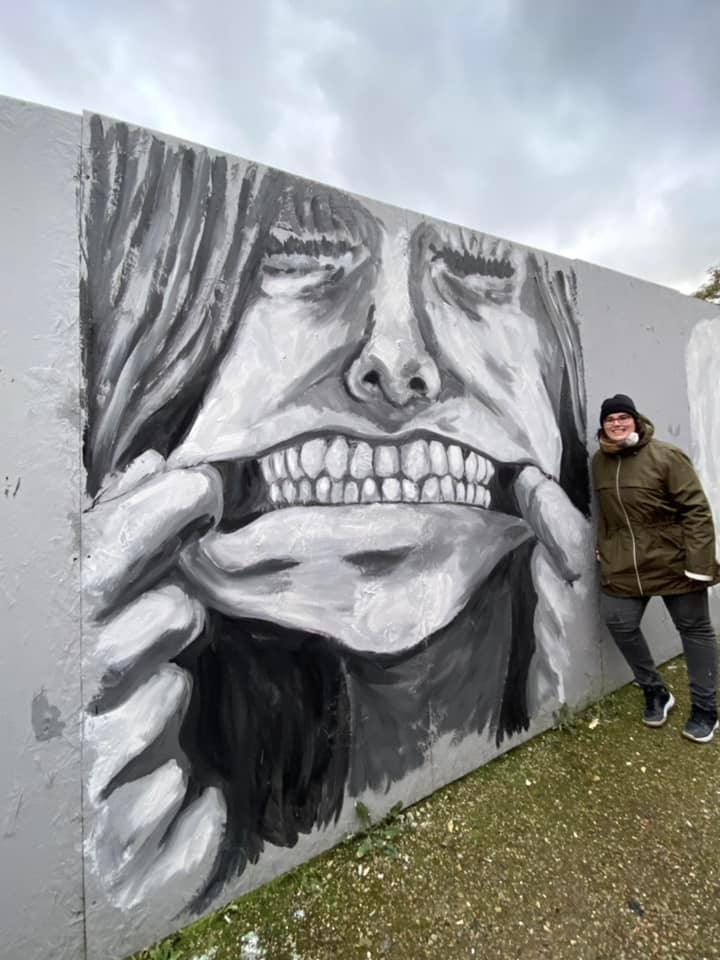 Funny face BW mural by Lucia Segura Art in London