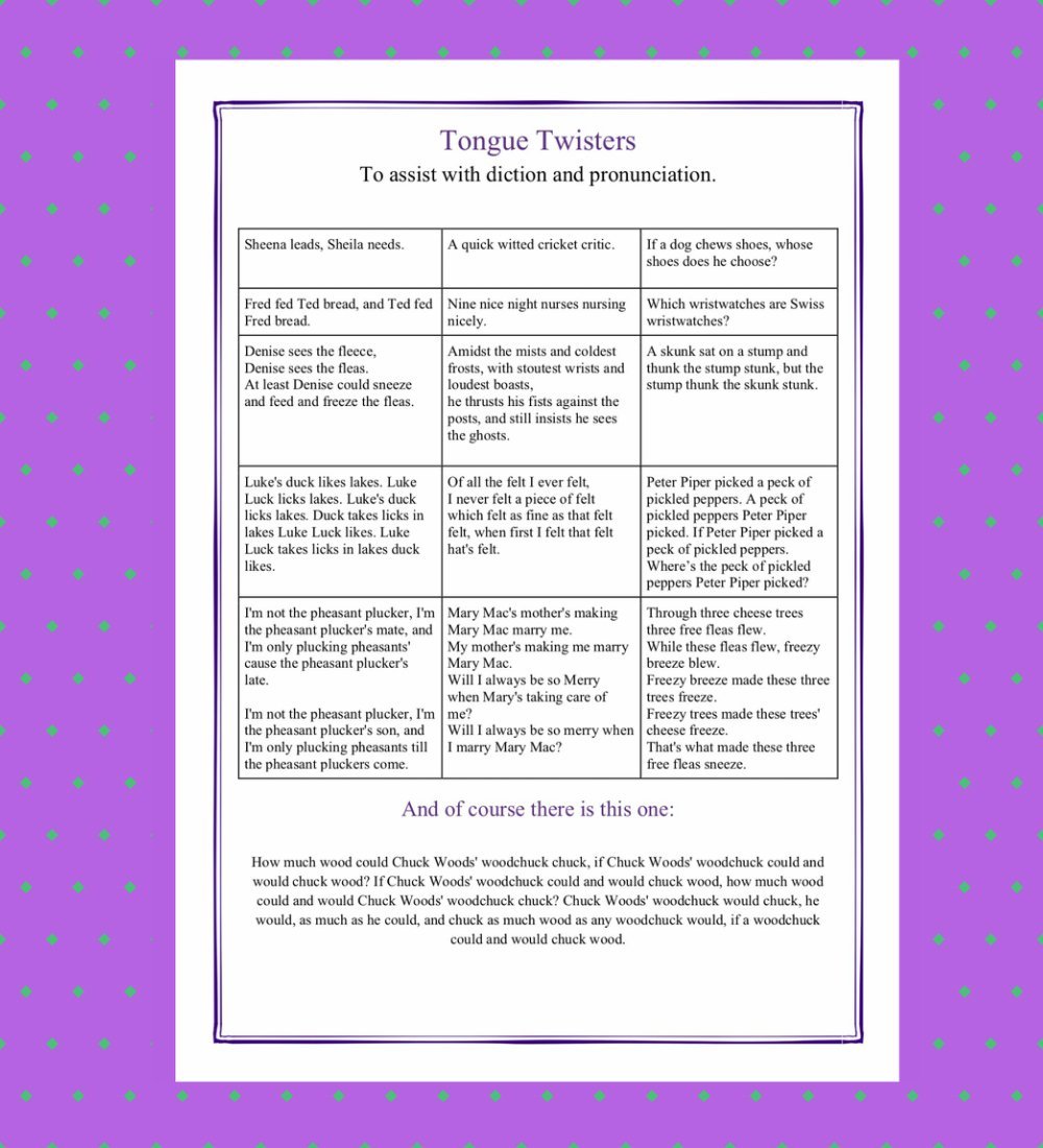 Tongue Twister Handout. | We Teach Well