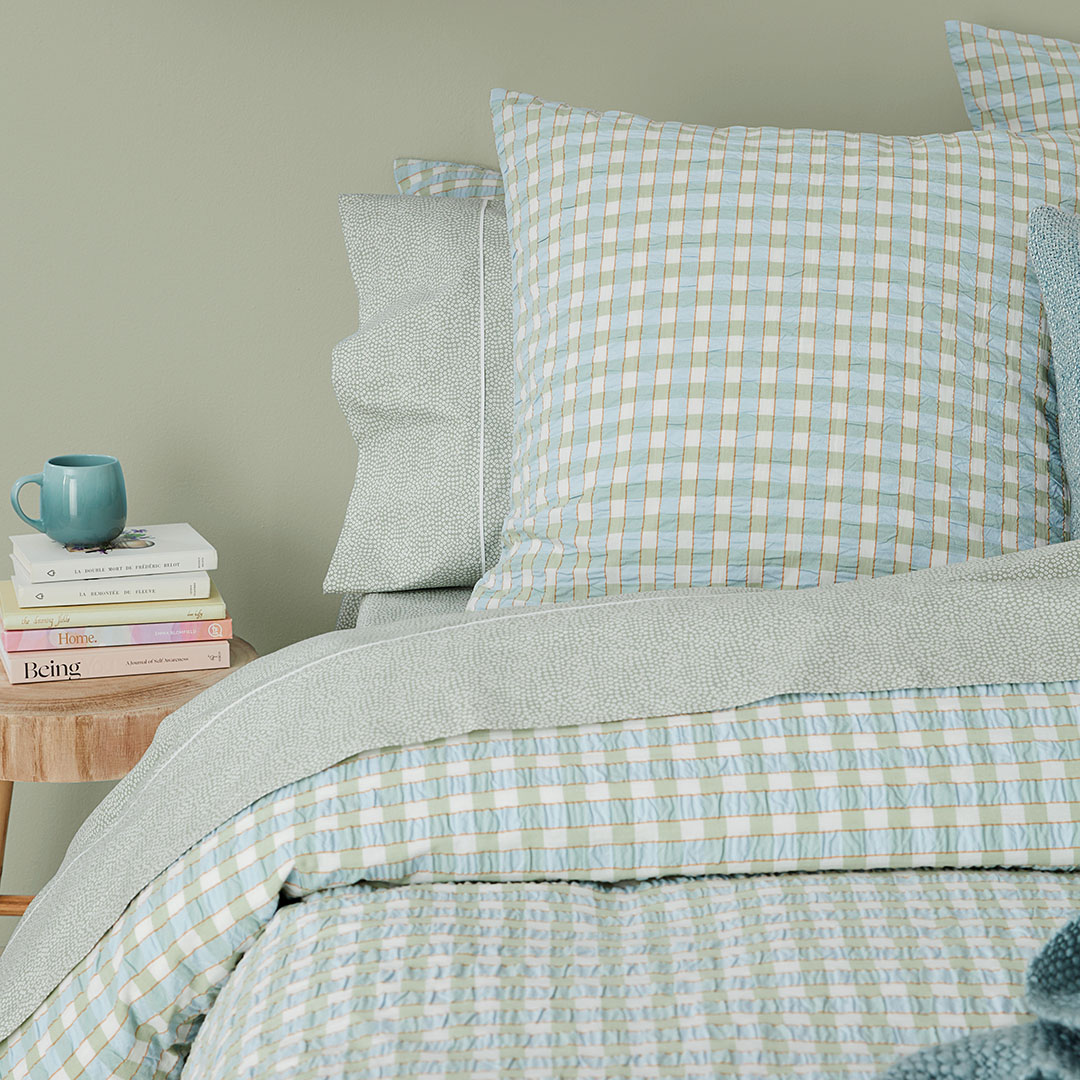 Shop Leah Quilt Cover - Sage/Blue Check Online | Bed Bath N' Table