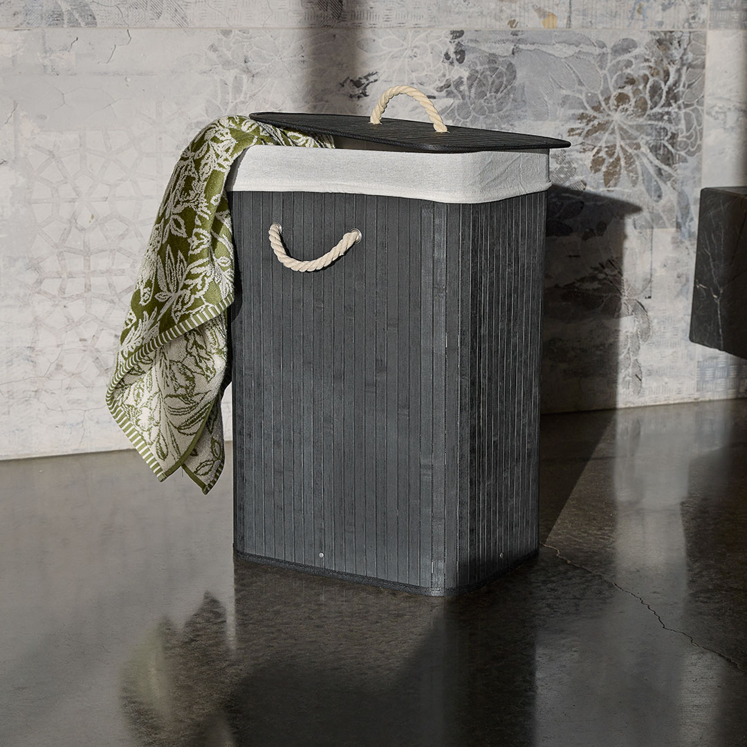 Black Collapsible Bamboo Hamper w Rope Handles - Bed Bath N' Table