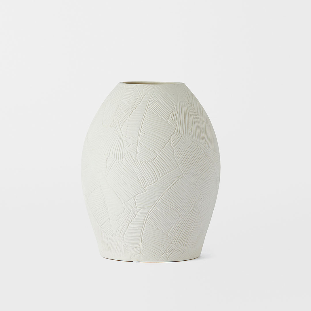 Shop Linear Leaf Ceramic Vase Tall - Matte White Online |Bed Bath N' Table