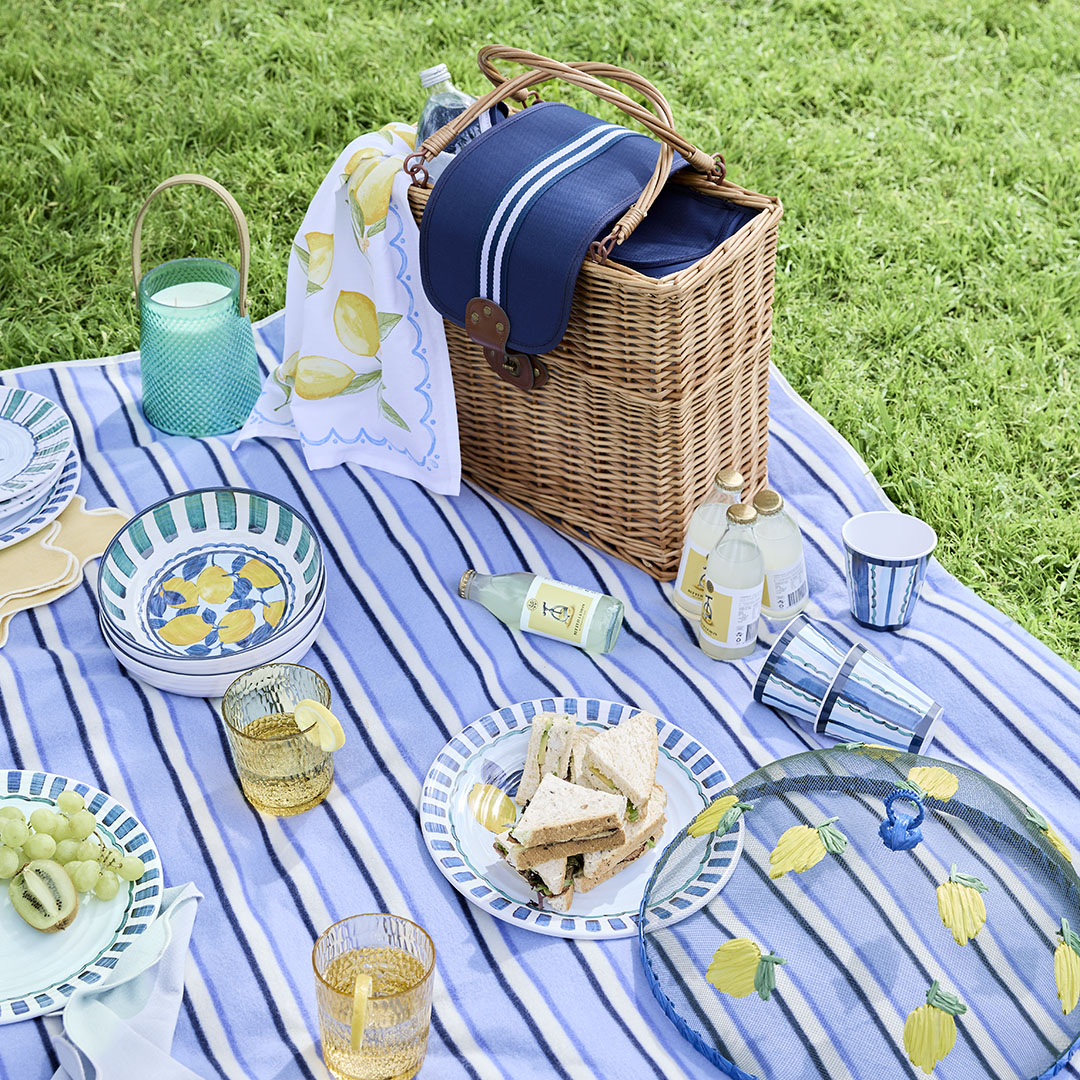 Shop Atticus Wicker Picnic Cooler with Picnic Rug - Blue/White Online ...