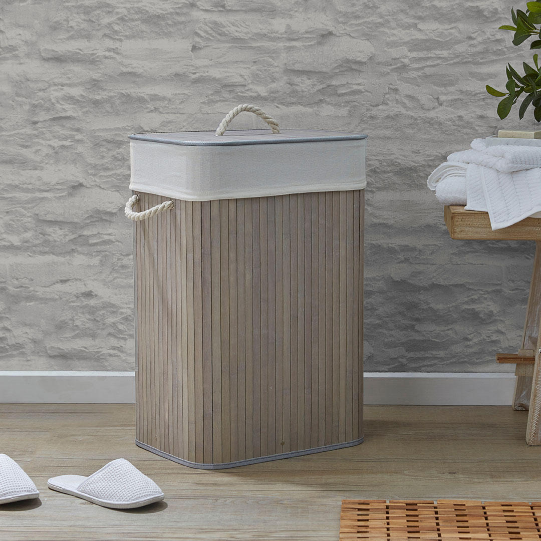 Collapsible Grey Bamboo Hamper with Rope Handles | Bed Bath N' Table
