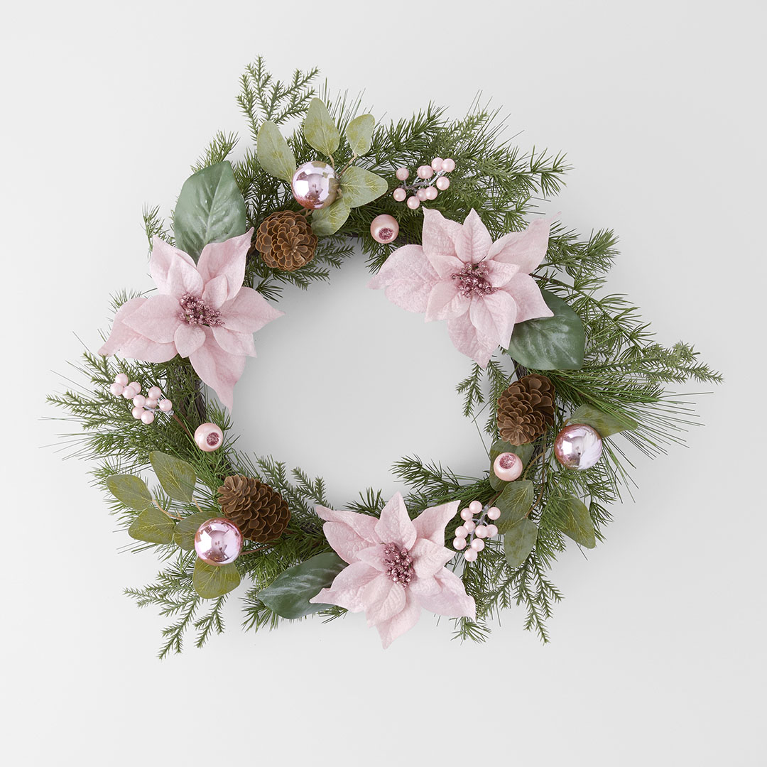 Shop Pink Poinsettia Pinecone and Pine Wreath Online | Bed Bath N' Table