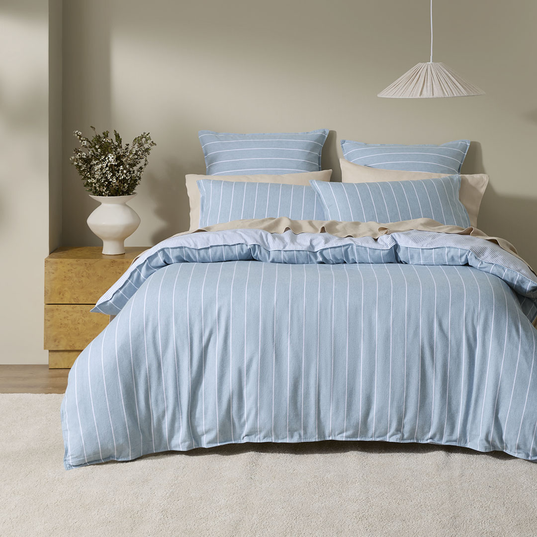 Shop Lex Reversible Stripe Quilt Cover - Soft Blue Online | Bed Bath N ...