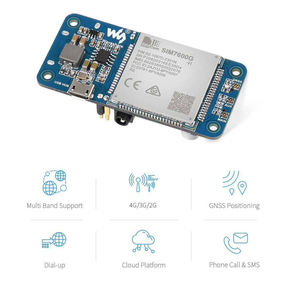 SIM7600G-H 4G HAT (B) for Raspberry Pi, LTE Cat-4 4G / 3G / 2G Support ...