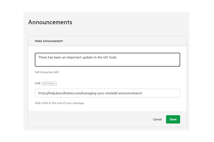 Add an announcement | Koordinates Help & Support