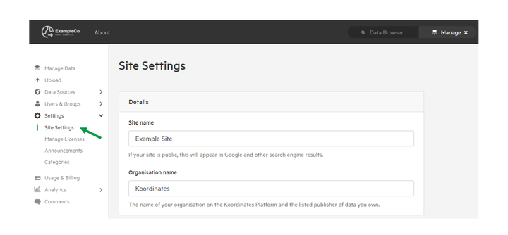 Changing your Site Settings and branding | Koordinates Help & Support