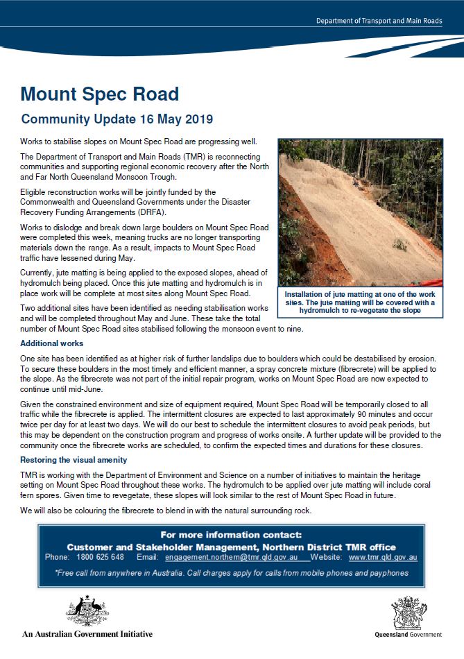 Mount Spec Road - DTMR Update