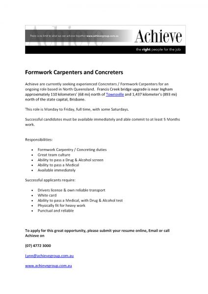 Formwork Carpenters and Concreters needed