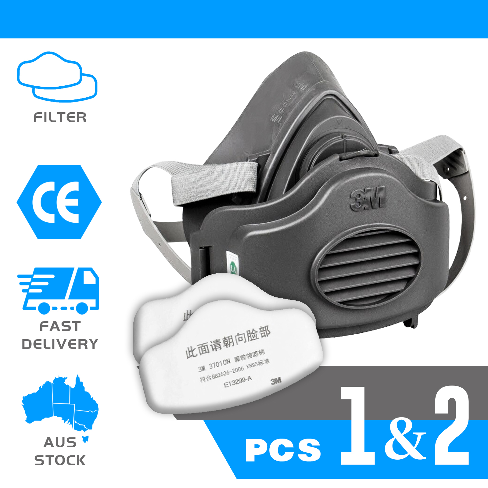 3M 3200 Half Mask 2X 3701 Filters Kits Face Cover Face Mask Dust PM2.5 ...