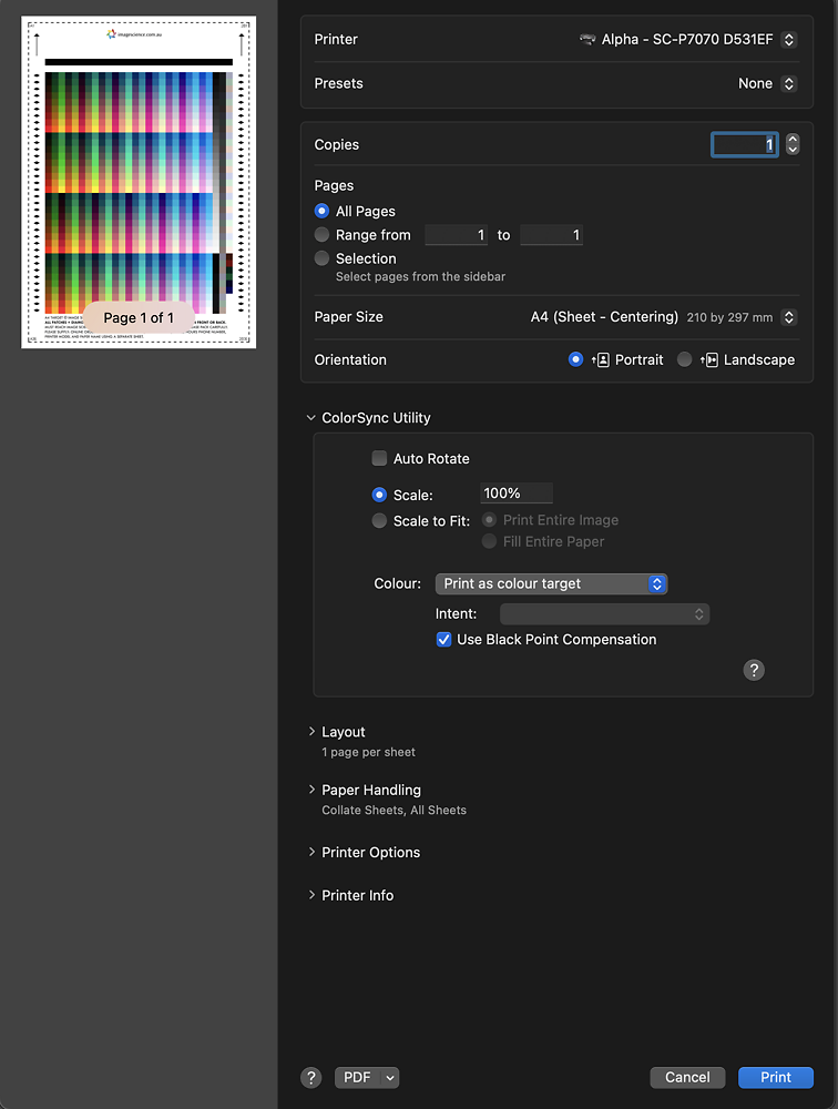 Printing Colour Targets on Mac using ColorSync Utility | Image Science