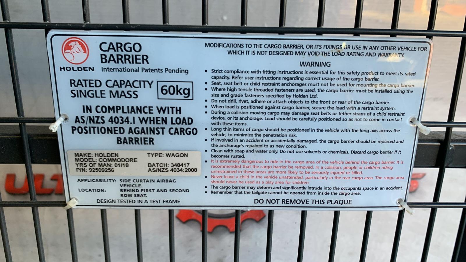 Cargo Barrier Commodore Holden 2018