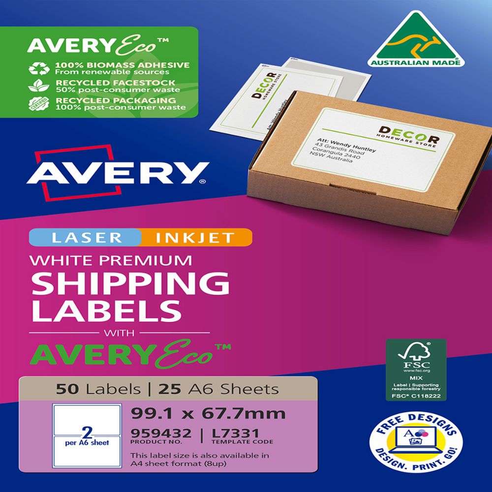 Avery Premium White Shipping Labels AveryEco A6 2UP 25 Sheets | Officeworks