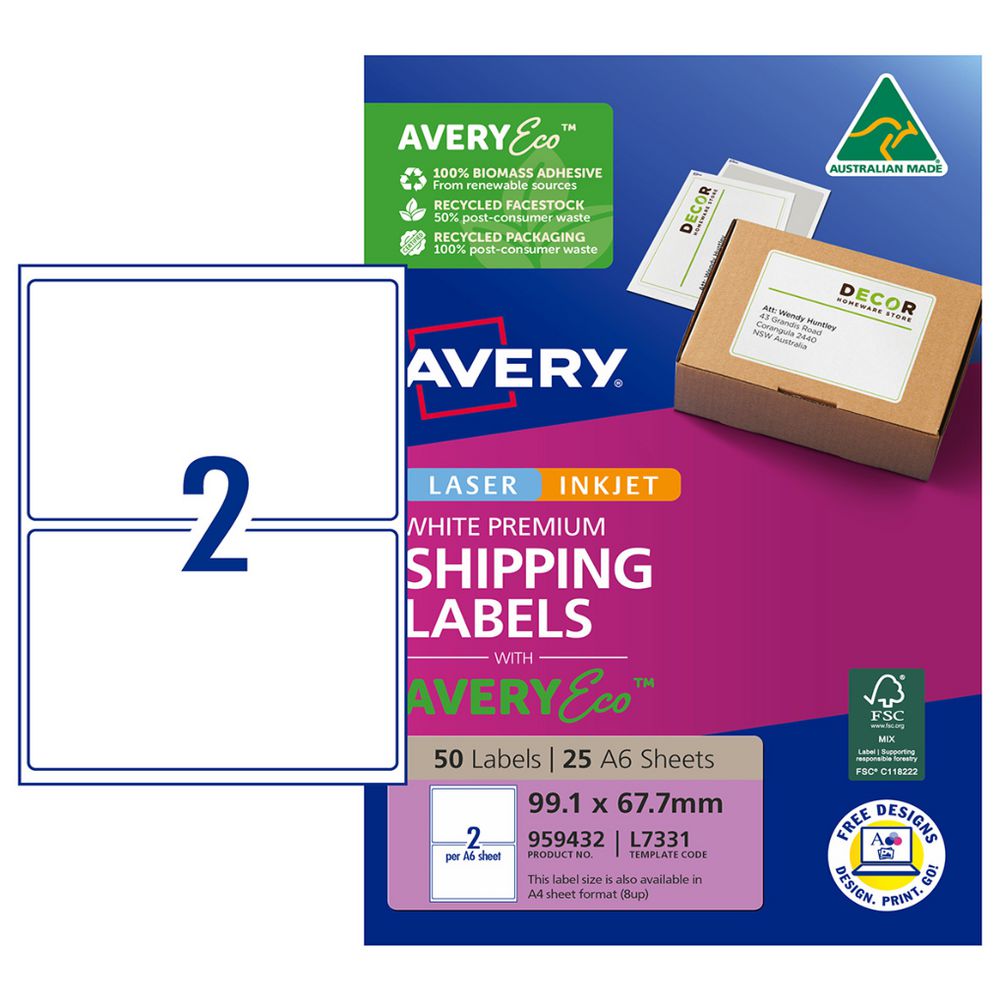 Avery Premium White Shipping Labels AveryEco A6 2UP 25 Sheets | Officeworks