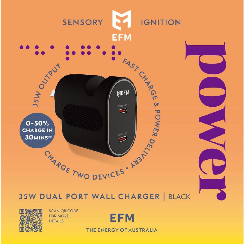EFM 35W Dual Port USB-C Wall Charger Black | Officeworks