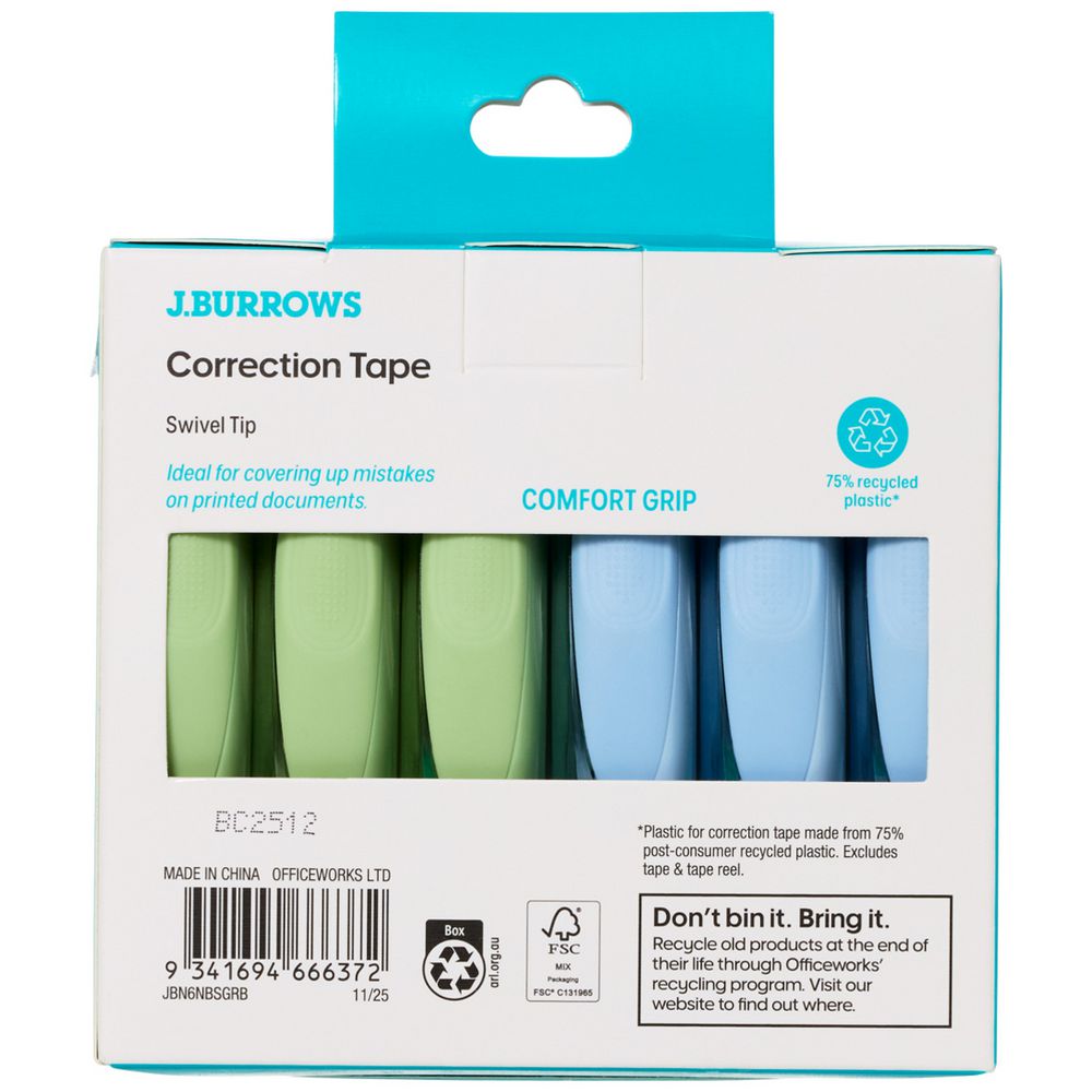 J.Burrows Soft Grip Correction Tape 5mmx8m 6 Pack | Officeworks