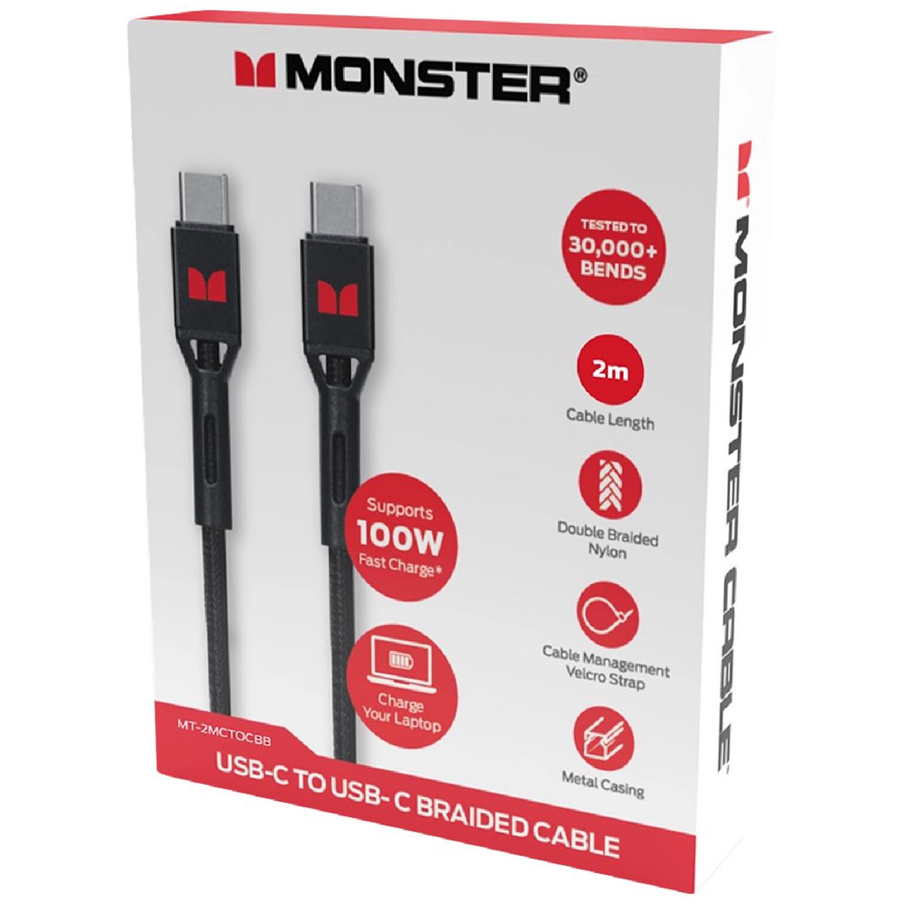 Monster Braided USB-C to USB-C Cable 2m Black | Officeworks