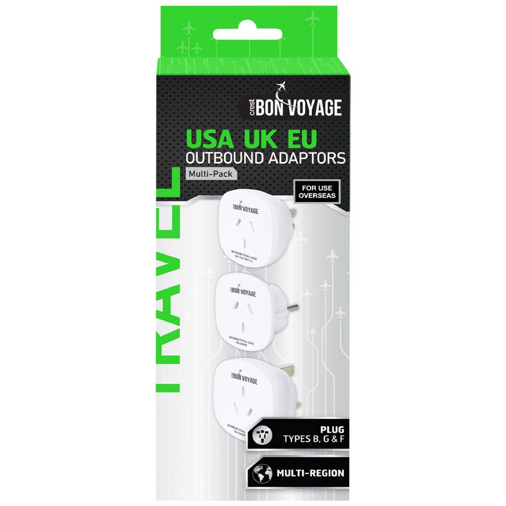 Bon Voyage Outbound Travel Adapter USA/UK/EU 3 Pack | Officeworks