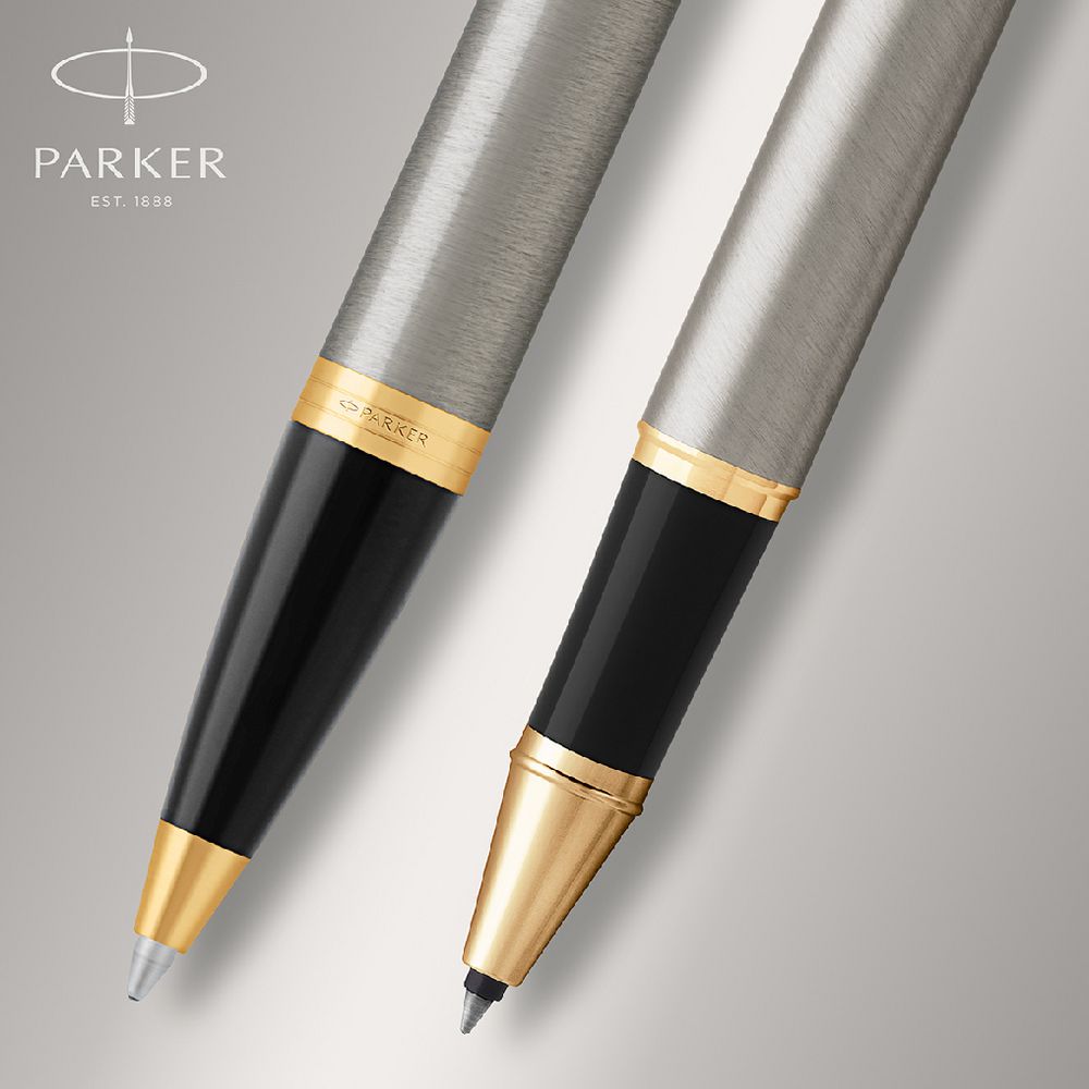 Parker IM Ballpoint & Rollerball Pen Metal Gold Trim Gift Set | Officeworks