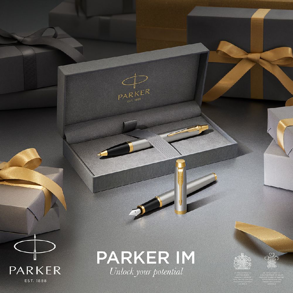 Parker IM Ballpoint & Rollerball Pen Metal Gold Trim Gift Set | Officeworks