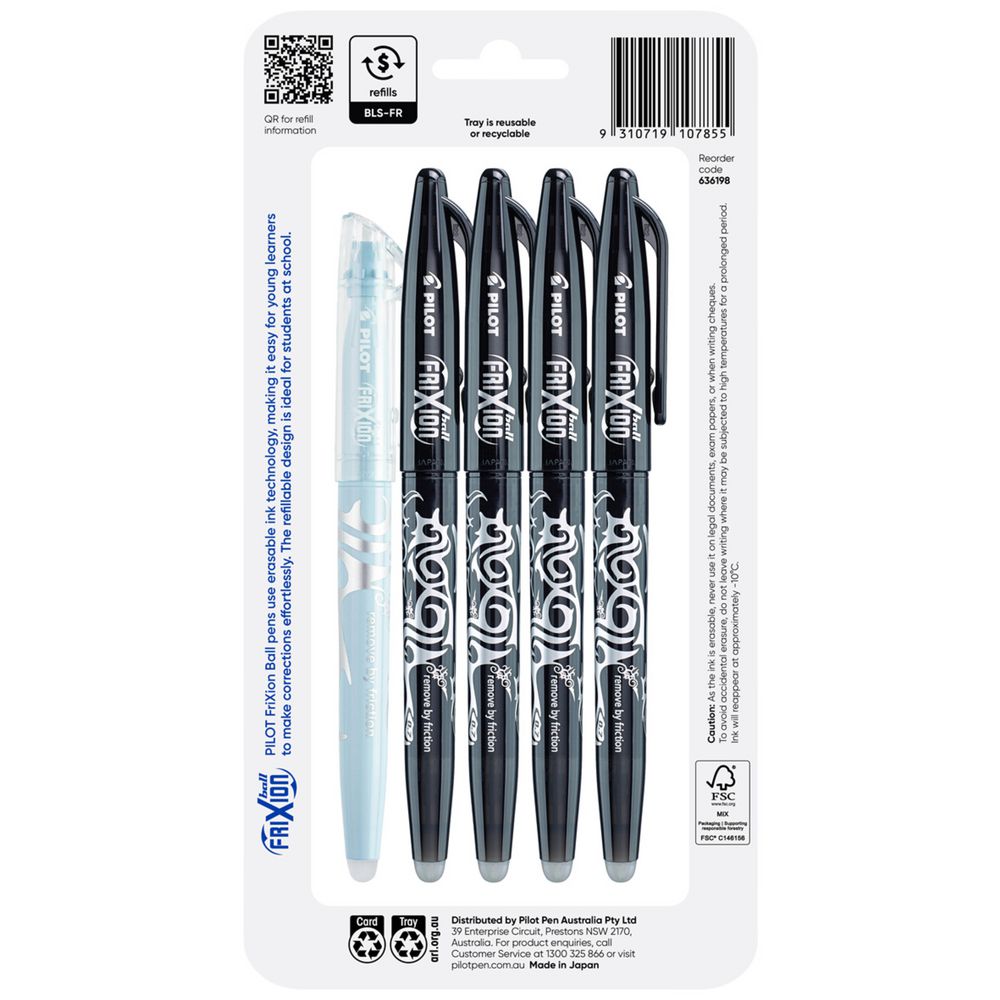Pilot Frixion Ball Gel Pens Black + Highlighter 5 Pack | Officeworks