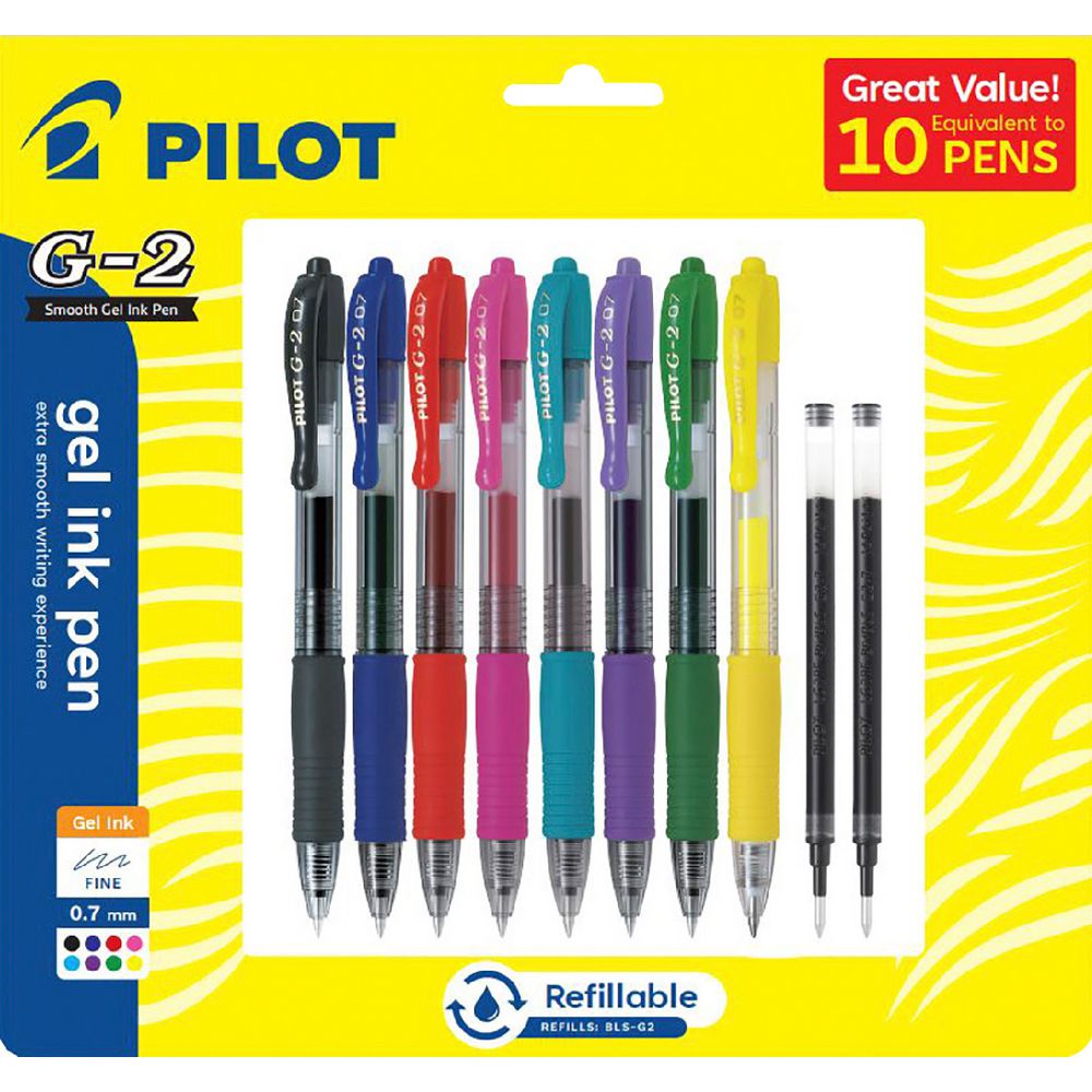 PILOT G2 Retractable Gel Fine 0.7mm Assorted 8 Pens+2 Refills | Officeworks